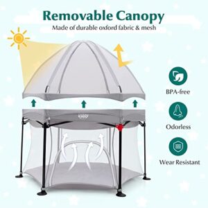 BABY JOY 53'' Outdoor Baby Playpen, Portable Large Play Yard for Babies and Toddlers w/Removable UV Canopy, Bag, Padded Mat, Foldable Travel Baby Beach Tent Play Pens for Both Indoors and Yard Grey