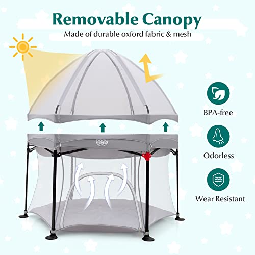 BABY JOY 53'' Outdoor Baby Playpen, Portable Large Play Yard for Babies and Toddlers w/Removable UV Canopy, Bag, Padded Mat, Foldable Travel Baby Beach Tent Play Pens for Both Indoors and Yard Grey