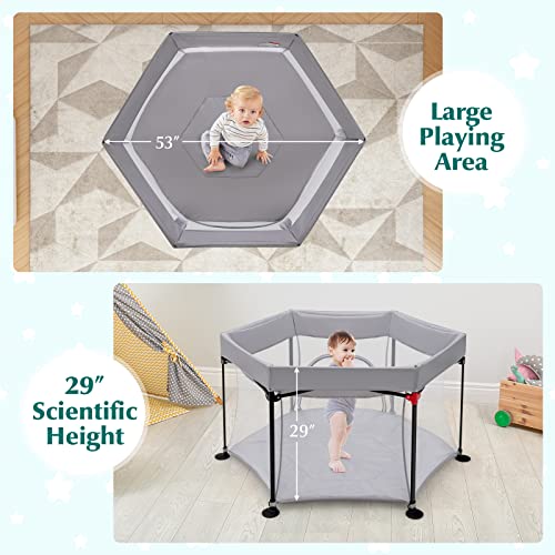 BABY JOY 53'' Outdoor Baby Playpen, Portable Large Play Yard for Babies and Toddlers w/Removable UV Canopy, Bag, Padded Mat, Foldable Travel Baby Beach Tent Play Pens for Both Indoors and Yard Grey