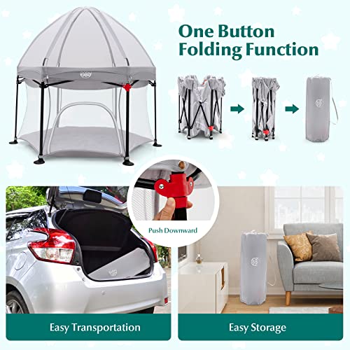 BABY JOY 53'' Outdoor Baby Playpen, Portable Large Play Yard for Babies and Toddlers w/Removable UV Canopy, Bag, Padded Mat, Foldable Travel Baby Beach Tent Play Pens for Both Indoors and Yard Grey