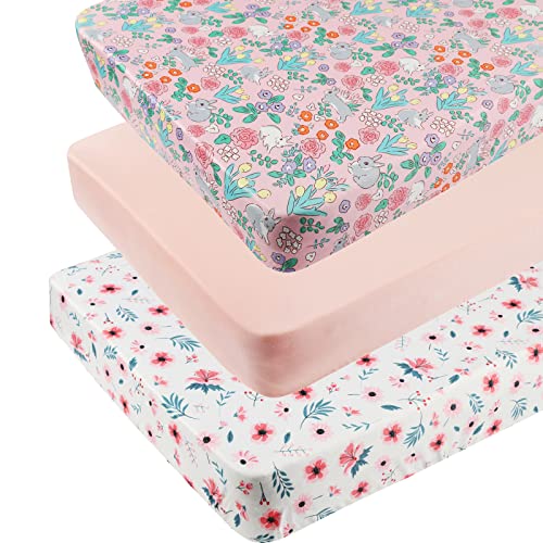 Tontukatu Pack n Play Sheet Stretchy Fitted Portable Mini Crib Sheets Set 3 Pack,Playard Sheets Convertible Playard Mattress Cover,Ultra Soft Jersey Material,Floral,Grey Rabbit & Pink