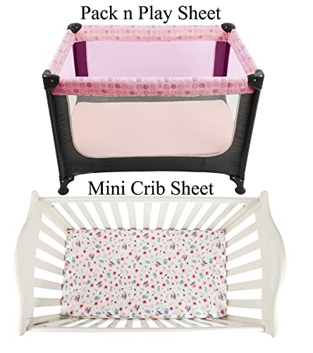 Tontukatu Pack n Play Sheet Stretchy Fitted Portable Mini Crib Sheets Set 3 Pack,Playard Sheets Convertible Playard Mattress Cover,Ultra Soft Jersey Material,Floral,Grey Rabbit & Pink