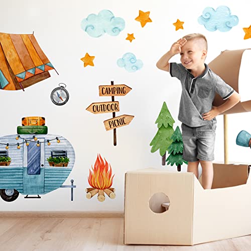 Yovkky Camping Tent Camper Kids Room Wall Decals Stickers, Neutral Outdoor Picnic RV Bonfire Nursery Playroom Decor, Pine Trees Cloud Stars Girls Boys Bedroom Home Classroom Decorations Art