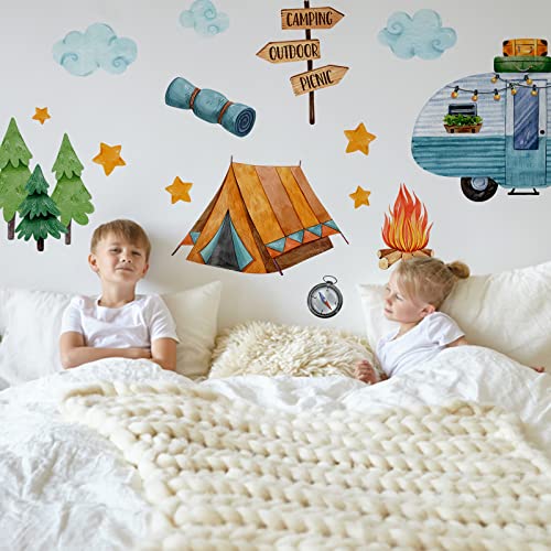 Yovkky Camping Tent Camper Kids Room Wall Decals Stickers, Neutral Outdoor Picnic RV Bonfire Nursery Playroom Decor, Pine Trees Cloud Stars Girls Boys Bedroom Home Classroom Decorations Art