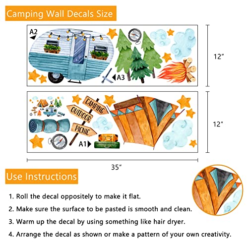 Yovkky Camping Tent Camper Kids Room Wall Decals Stickers, Neutral Outdoor Picnic RV Bonfire Nursery Playroom Decor, Pine Trees Cloud Stars Girls Boys Bedroom Home Classroom Decorations Art