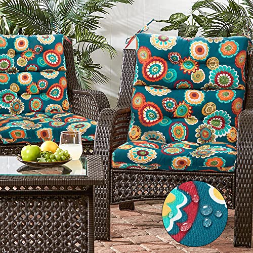 MAGPIE FABRICS Indoor Outdoor Tufted High Back Chair Cushion Set of 2, Waterproof All-Weather Deep Seating Rocking Chair Patio Chaise Lounge Sun Lounger Chair Cushions(Heronsbill Turquoise Green)