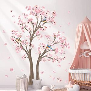 decalmile large cherry blossom tree wall decals pink flower tree branch wall stickers living room bedroom baby nursery wall decor (tree h: 67 inch)