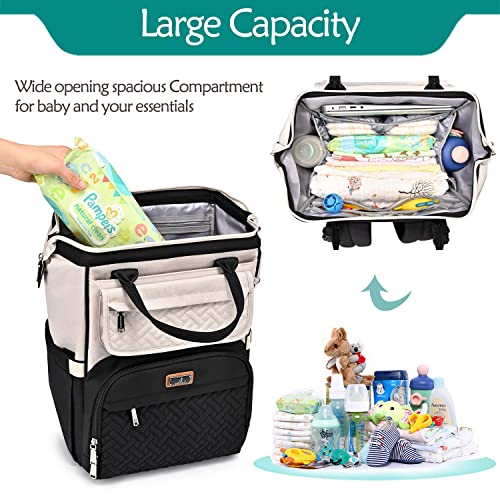 BabbleRoo Diaper Bag Backpack, Multifunction Large Bags with Changing Pad & Stroller Straps & Pacifier Case, Unisex Stylish Travel Back Pack Nappy Changing Bag for Moms Dads(Black Apricot)