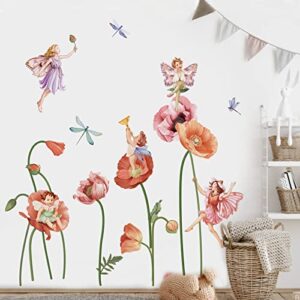 decalmile poppy flower fairy wall stickers floral elf wall decals baby nursery kids room living room wall decor