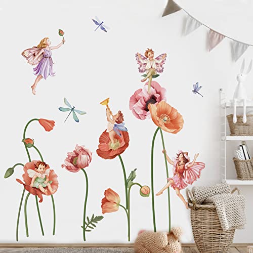 decalmile Poppy Flower Fairy Wall Stickers Floral Elf Wall Decals Baby Nursery Kids Room Living Room Wall Decor