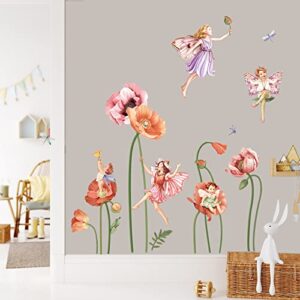 decalmile Poppy Flower Fairy Wall Stickers Floral Elf Wall Decals Baby Nursery Kids Room Living Room Wall Decor