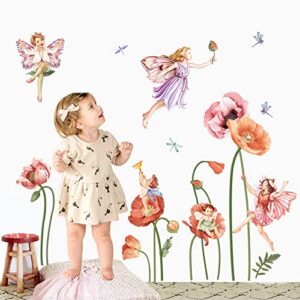 decalmile Poppy Flower Fairy Wall Stickers Floral Elf Wall Decals Baby Nursery Kids Room Living Room Wall Decor