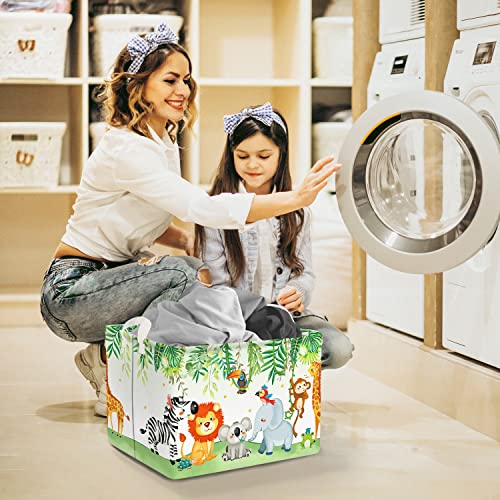 Clastyle Friendly Animals Party Nursery Storage Bins for Toys Books Rectangle Elephant Koala Monkey Safari Storage Basket Kids Collapsible Baby Gift Baskets for Bedroom, 15.7 * 11.8 * 11.8 in