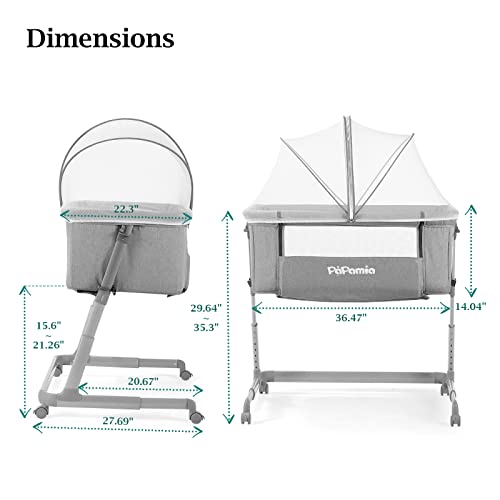 PAPAMIA Baby Bassinet, Bedside Bassinet Cosleeper with Skin-Friendly Mattress,6 Height Adjustable Bedside Crib Sleeper with Mosquito Net for Infant Newborn | Safety Certified