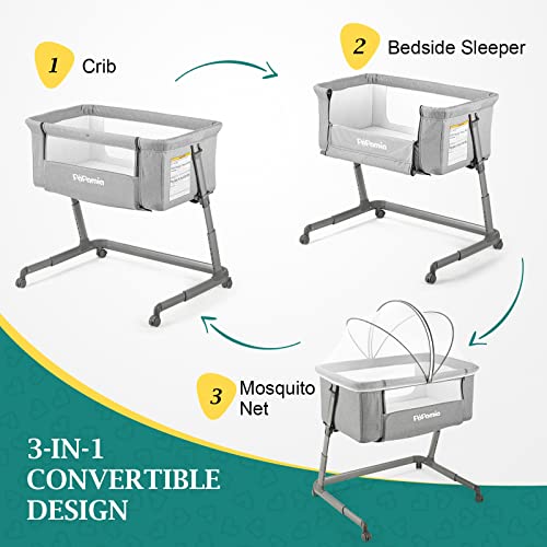 PAPAMIA Baby Bassinet, Bedside Bassinet Cosleeper with Skin-Friendly Mattress,6 Height Adjustable Bedside Crib Sleeper with Mosquito Net for Infant Newborn | Safety Certified