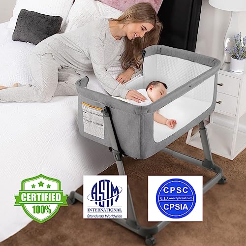 PAPAMIA Baby Bassinet, Bedside Bassinet Cosleeper with Skin-Friendly Mattress,6 Height Adjustable Bedside Crib Sleeper with Mosquito Net for Infant Newborn | Safety Certified