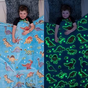 glow in the dark blanket dinosaur throw blanket for boys kids soft warm cozy furry cute dino blanket, valentines day gifts, glowing dinosaur room decor blankets for girls,grandkids, blue, 50" x 60"