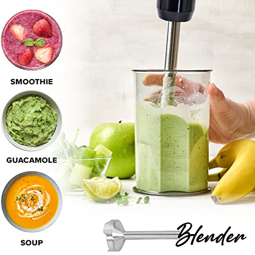 Powerlix 800W 5-in-1 Immersion Hand Blender - BPA Free 12 Speed Turbo Boost Titanium Reinforced Hand Held ABS Stainless Steel Stick, Electric Egg Whisk Milk Frother Chopper Blender with Bowl, Heavy Duty Food Processor for Baby Infant Food Shakes Smoothies