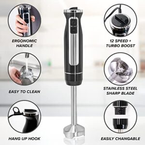 Powerlix 800W 5-in-1 Immersion Hand Blender - BPA Free 12 Speed Turbo Boost Titanium Reinforced Hand Held ABS Stainless Steel Stick, Electric Egg Whisk Milk Frother Chopper Blender with Bowl, Heavy Duty Food Processor for Baby Infant Food Shakes Smoothies