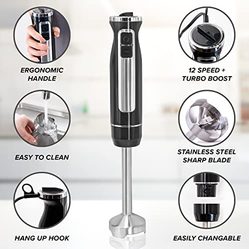 Powerlix 800W 5-in-1 Immersion Hand Blender - BPA Free 12 Speed Turbo Boost Titanium Reinforced Hand Held ABS Stainless Steel Stick, Electric Egg Whisk Milk Frother Chopper Blender with Bowl, Heavy Duty Food Processor for Baby Infant Food Shakes Smoothies