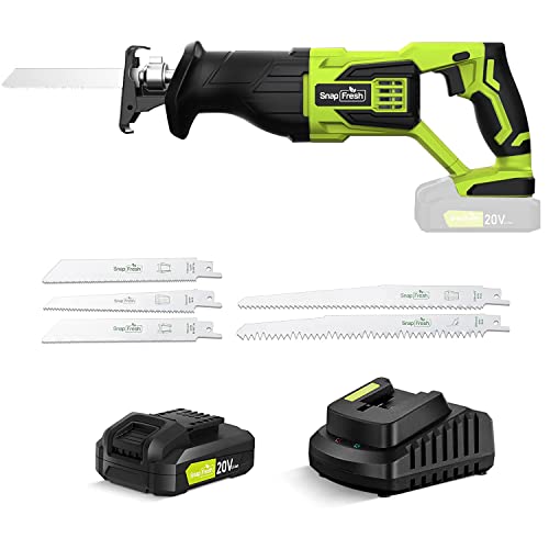 Cordless Reciprocating Saw - SnapFresh 20V Reciprocating Saw for Wood Metal Plastic Cutting, 1-inch Stroke Length, 3000 SPM Cordless Electric Saw w/ 2.0 Ah Battery, 1h Fast Charger, 5 Saw Blades