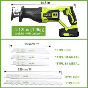 Cordless Reciprocating Saw - SnapFresh 20V Reciprocating Saw for Wood Metal Plastic Cutting, 1-inch Stroke Length, 3000 SPM Cordless Electric Saw w/ 2.0 Ah Battery, 1h Fast Charger, 5 Saw Blades