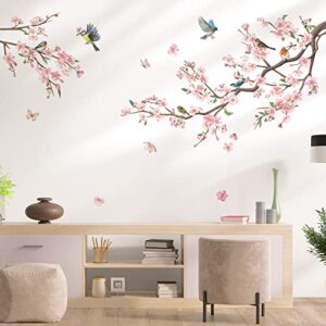 decalmile flower branch wall stickers pink blossom floral birds wall decals kids bedroom living room window wall decor