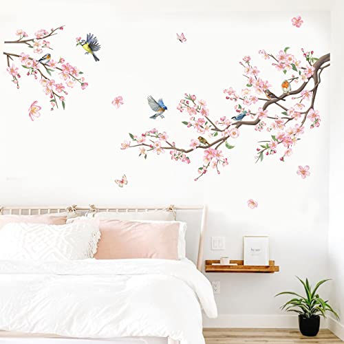 decalmile Flower Branch Wall Stickers Pink Blossom Floral Birds Wall Decals Kids Bedroom Living Room Window Wall Decor