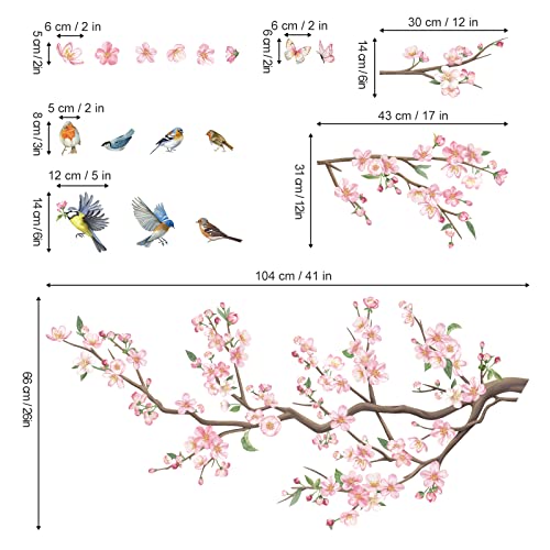 decalmile Flower Branch Wall Stickers Pink Blossom Floral Birds Wall Decals Kids Bedroom Living Room Window Wall Decor