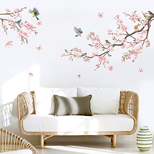 decalmile Flower Branch Wall Stickers Pink Blossom Floral Birds Wall Decals Kids Bedroom Living Room Window Wall Decor