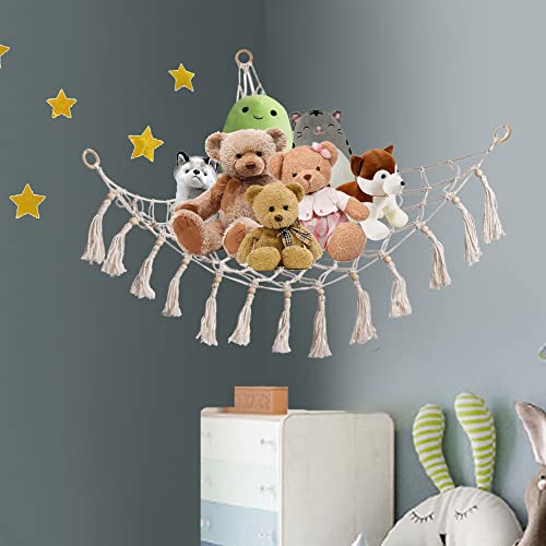 Siticoto Stuffed Animal Hammock,Large Toy Hammock Organizer Boho Corner Plush Toys Display Net with Tassels for Stuffed Animals Nursery Playroom Bedroom Kids Room