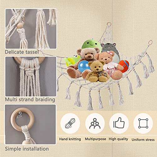 Siticoto Stuffed Animal Hammock,Large Toy Hammock Organizer Boho Corner Plush Toys Display Net with Tassels for Stuffed Animals Nursery Playroom Bedroom Kids Room