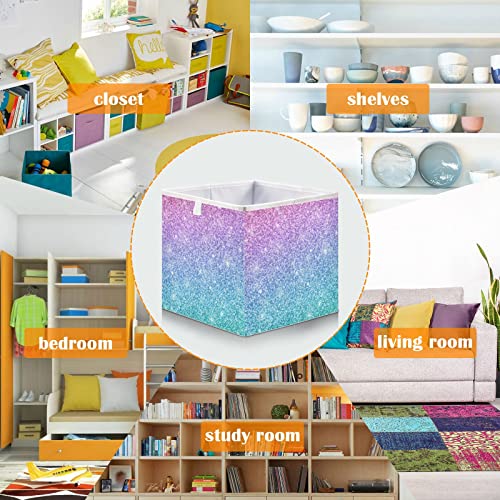 Pink Blue Glitter Cube Storage Bin Collapsible Storage Bins Waterproof Toy Basket for Cube Organizer Bins for Toys Nursery Kids Closet Book Bathroom Office - 11.02x11.02x11.02 in