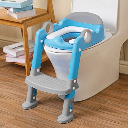 Potty Training Seat with Step Stool Ladder for Kids and Toddler,Wiifo Sturdy Potty Ladder with Soft Padded Cushion for Toddler Boys and Girls,Foldable Toddler Toilet Training Seat Chair(Grey Blue)