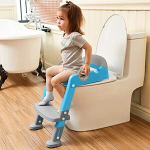 Potty Training Seat with Step Stool Ladder for Kids and Toddler,Wiifo Sturdy Potty Ladder with Soft Padded Cushion for Toddler Boys and Girls,Foldable Toddler Toilet Training Seat Chair(Grey Blue)