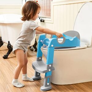 Potty Training Seat with Step Stool Ladder for Kids and Toddler,Wiifo Sturdy Potty Ladder with Soft Padded Cushion for Toddler Boys and Girls,Foldable Toddler Toilet Training Seat Chair(Grey Blue)