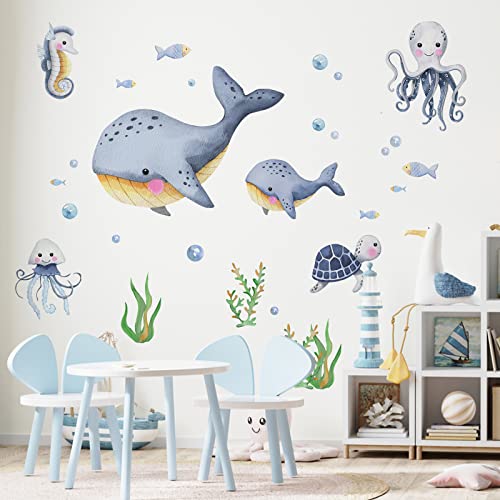 Mfault Under The Sea Whales Wall Decal Stickers, Ocean Hippocampus Octopus Turtle Fish Nursery Decoration Bedroom Bathroom Art, Neutral Marine Animal Toddler Kids Baby Boys Girls Room Decor Gift