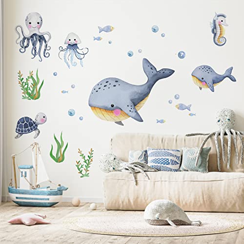 Mfault Under The Sea Whales Wall Decal Stickers, Ocean Hippocampus Octopus Turtle Fish Nursery Decoration Bedroom Bathroom Art, Neutral Marine Animal Toddler Kids Baby Boys Girls Room Decor Gift