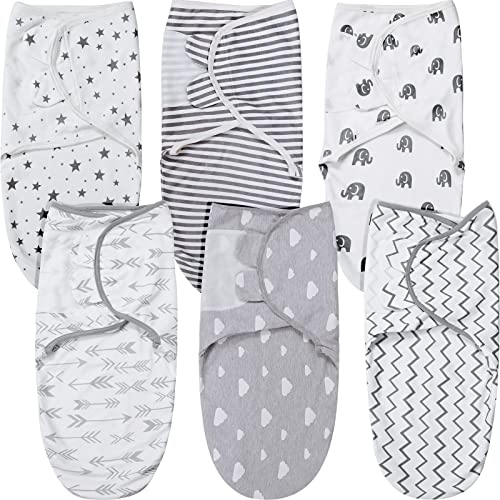 6 Pcs Baby Swaddle Blanket Adjustable Infant Sleep Sack Wrap Gray Newborn Swaddle Elephant Stripe Star Cloud Baby Swaddle Wrap for Boys Girls Sleep, 0-3 Month