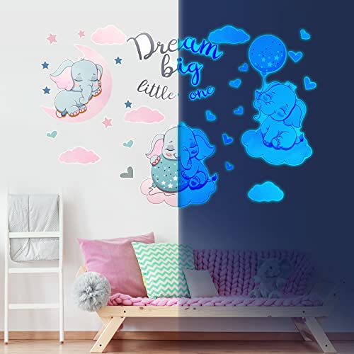 Glow in The Dark Elephant Wall Decals Stickers Dream Big Little One Pink Moon Grey Stars Wall Decal for Girls Bedroom Kids Nursery Room Living Room Bedroom Home Decor