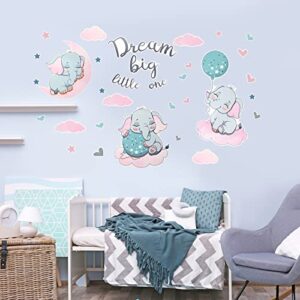 Glow in The Dark Elephant Wall Decals Stickers Dream Big Little One Pink Moon Grey Stars Wall Decal for Girls Bedroom Kids Nursery Room Living Room Bedroom Home Decor