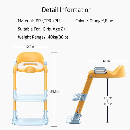 Potty Training Toilet Seat with Height Adjustable Ladder for Kids Toddlers Girls (Orange)