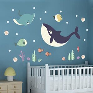 ocean fish wall decals peel and stick 39" large whale wall decal under the sea wall stickers for kids bedroom ocean decal stickers for baby girl boy room decor undersea fish decor wallpaper stickers mural wall art for nursery underwater fish decal