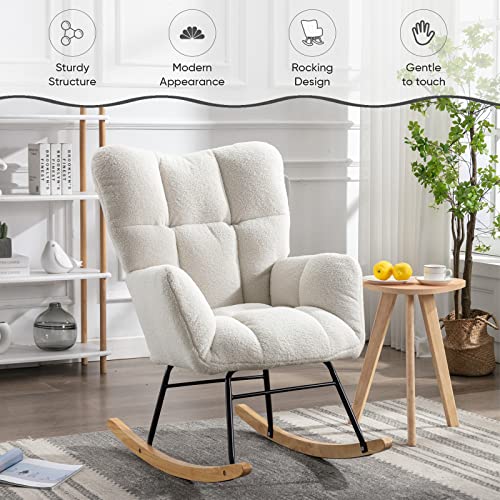 KINFFICT Teddy Velvet Rocking Accent Chair, Uplostered Glider Rocker Armchair for Nursery, Comfy Side Chair for Living Room, Bedroom (Beige+Teddy Fabric)