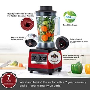 BioloMix Heavy Duty Professional Blender, Peak 2200W Commercial Grade Bar Blender With 70Oz Container For Shakes, Smoothies, Ice Crushing, Frozen Fruits, Soups, Dry Grinding (Red) with extra Jar