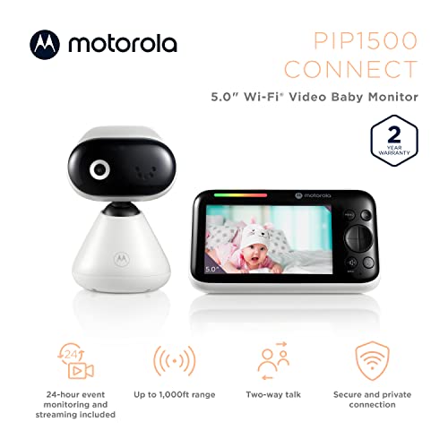 Motorola Baby Monitor PIP1500 Connect - 5" WiFi Video Baby Monitor with Camera, Wall Mount, HD 1080p - Smart Phone Nursery App, 1000ft Range, 2-Way Audio, Digital Pan-Tilt-Zoom, Room Temp, Lullabies