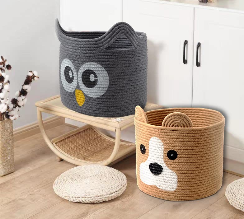 Ushang Pet Woven Cotton Animal Storage Basket for Kids, Owl Rope Storage Basket for Baby Toys, Baby Laundry Basket, Pet Toy Storage Basket - 12" L X 10" H, Dark Grey