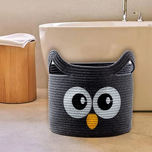 Ushang Pet Woven Cotton Animal Storage Basket for Kids, Owl Rope Storage Basket for Baby Toys, Baby Laundry Basket, Pet Toy Storage Basket - 12" L X 10" H, Dark Grey