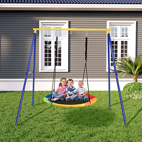 ARLIME 40" Saucer Tree Swing, Outdoor Swing Seat for Kids and Adults, Colourful Round Swing with Adjustable Ropes, Large Waterproof Disc Swing for Tree, Playground, Backyard