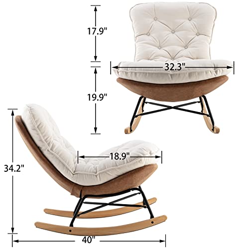 ZETZU Upholstered Rocking Chair Comfy Oversized Glider Rocker for Nursery and Bedroom Lounge Reading Napping, Beige Cushioned, 40D x 32.3W x 34.2H in